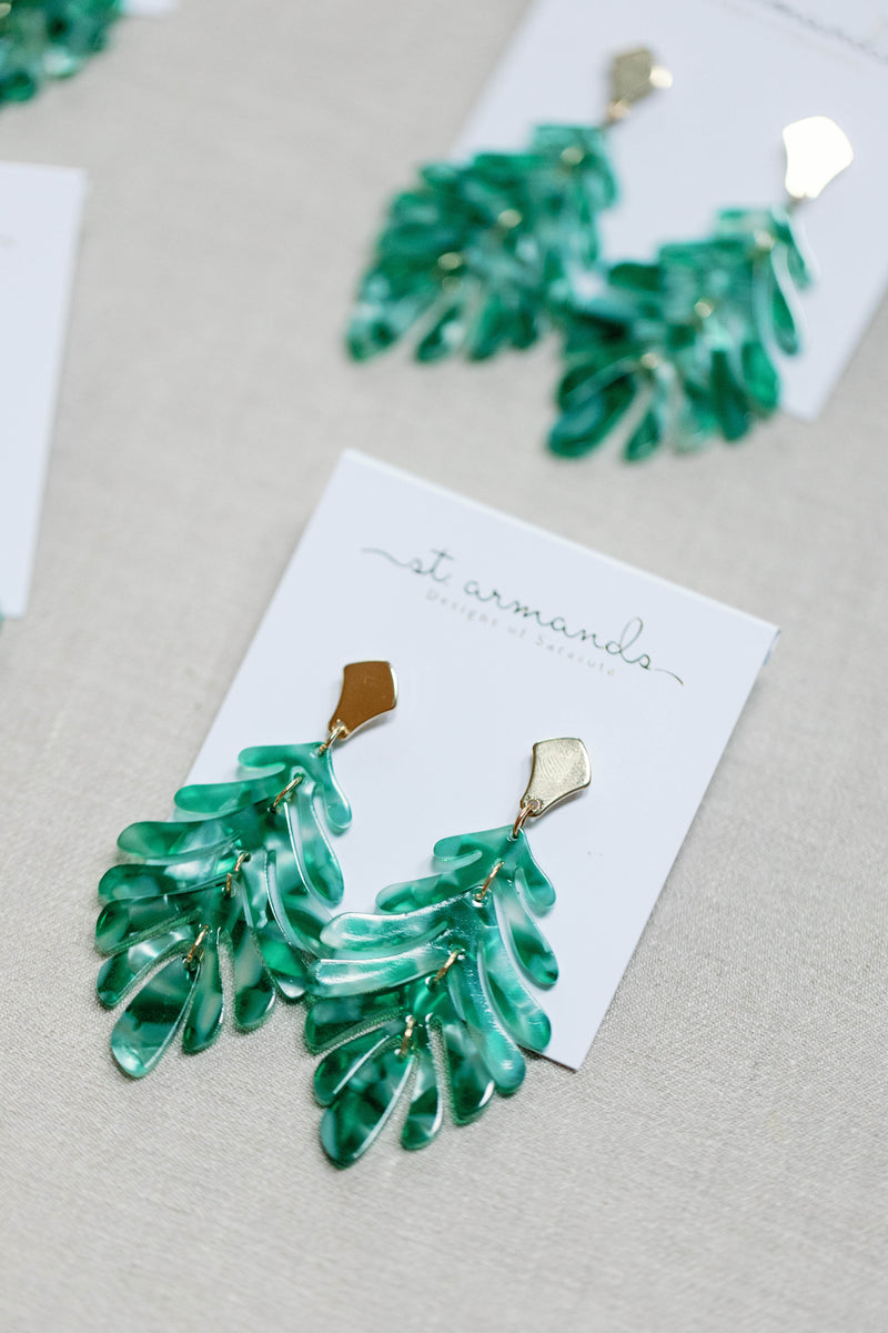 Green palm leaf earrings store